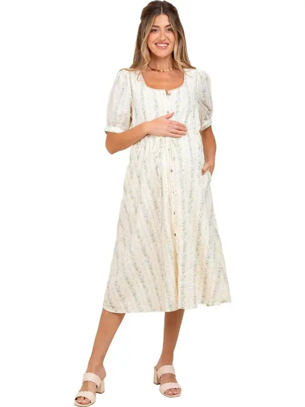 PINKBLUSH Floral Print Button Down Midi Dress - Light Blue