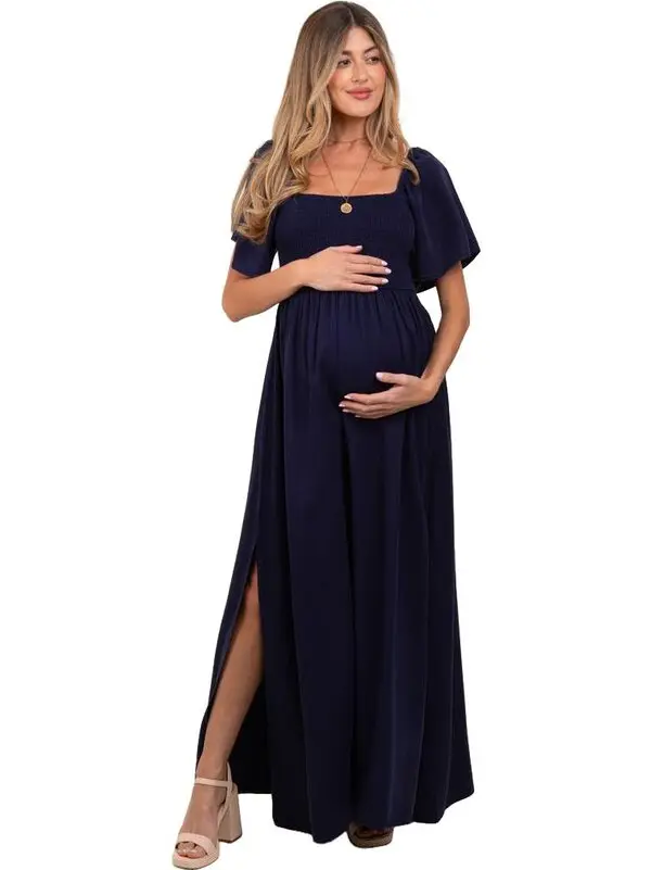 PINKBLUSH Chambray Smocked Maternity Maxi Dress - Navy Blue