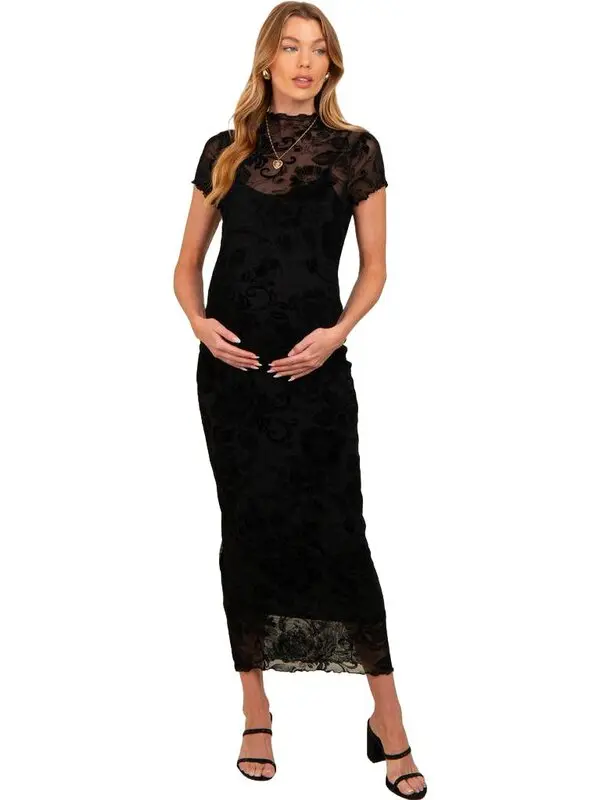 PINKBLUSH Floral Mesh Overlay Fitted Maxi Dress - Black