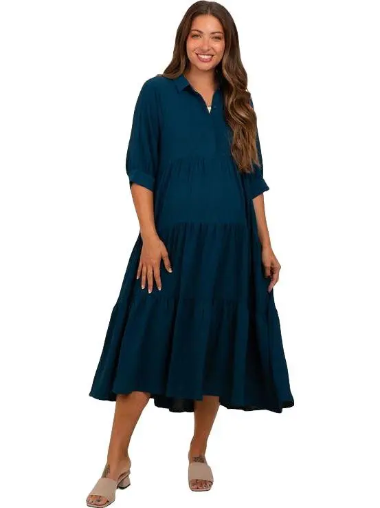 PINKBLUSH Collared Button-up Tiered Midi Dress - Dark Teal