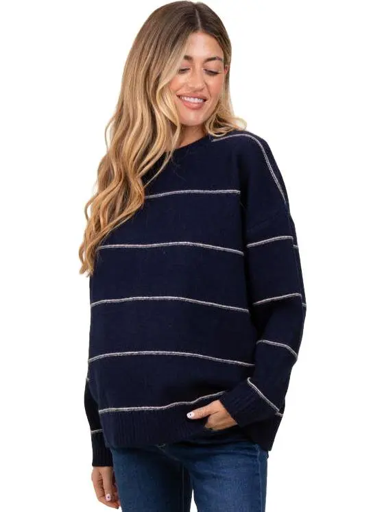 PINKBLUSH Striped Drop Shoulder Sweater - Navy Blue