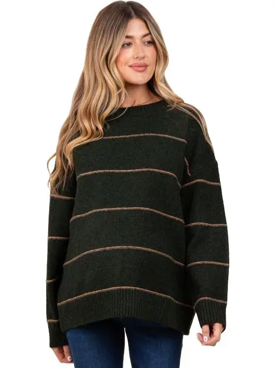 PINKBLUSH Striped Drop Shoulder Sweater - Olive Green