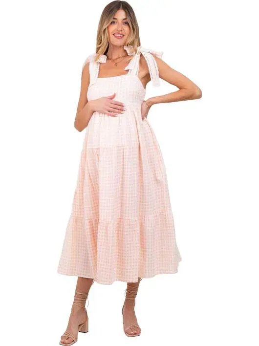 PINKBLUSH Gingham Lace Trim Shoulder Tie Maxi Dress - Light Pink