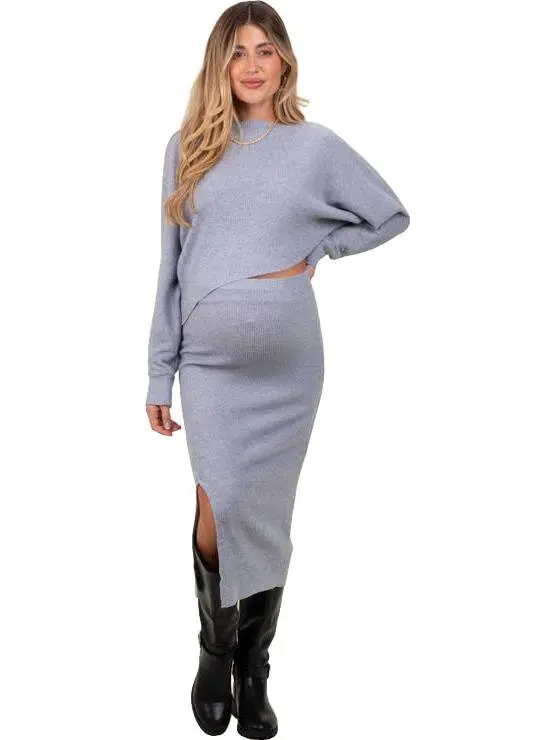 PINKBLUSH Ribbed Knit Asymmetric Top & Midi Skirt Set - Grey