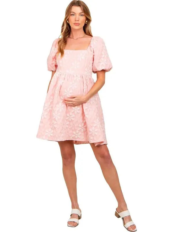 PINKBLUSH Floral Embossed Puff Sleeve Maternity Dress - Light Pink