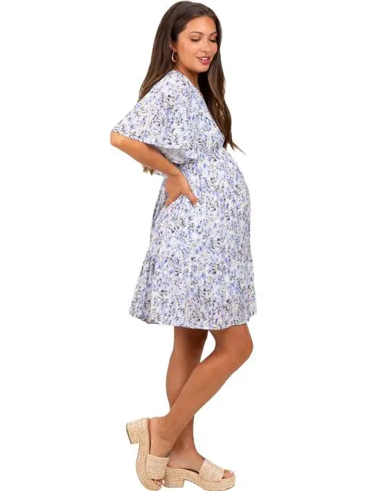 PINKBLUSH Floral V-neck Flutter Sleeve Mini Dress - Periwinkle