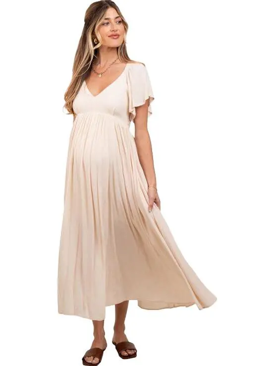 PINKBLUSH V-neck Flutter Short Sleeve Midi Dress - Cream