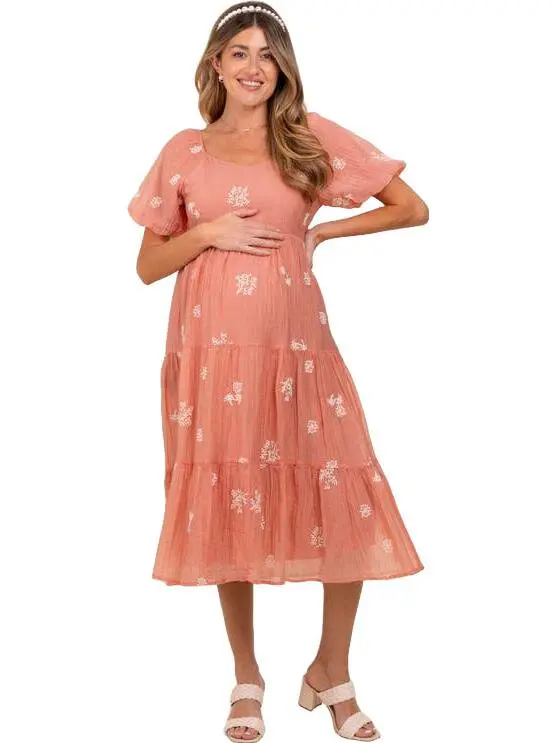 PINKBLUSH Floral Embroidered Chiffon Maternity Midi Dress - Light Pink