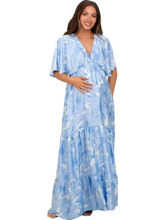 PINKBLUSH Floral Short Sleeve Deep V-neck Tiered Maxi Dress - Light Blue