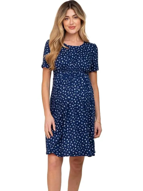 PINKBLUSH Floral Smocked Short Sleeve Dress - Navy Blue