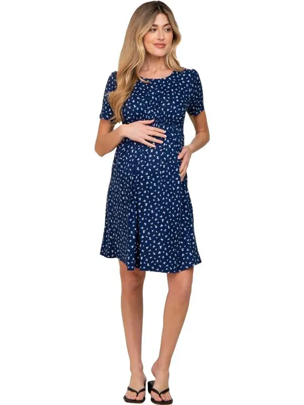 PINKBLUSH Floral Smocked Short Sleeve Dress - Navy Blue