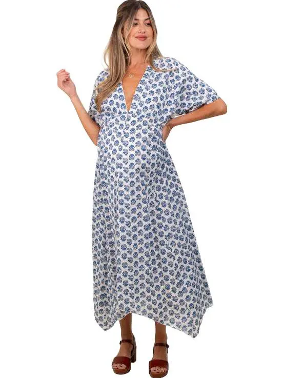 PINKBLUSH Floral V-neck Handkerchief Hem Maxi Dress - Navy Blue
