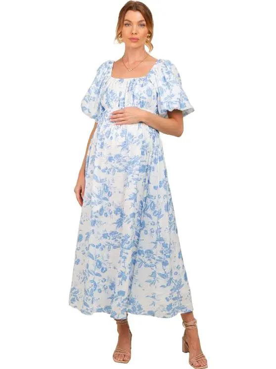 PINKBLUSH Floral Puff Sleeve Maternity Midi Dress - Blue