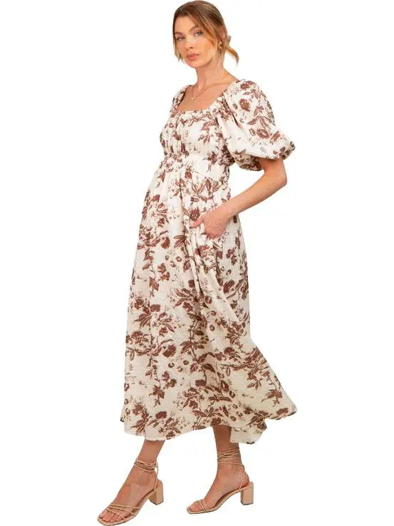 PINKBLUSH Floral Puff Sleeve Maternity Midi Dress - Brown