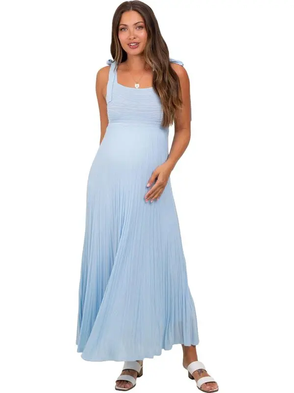 PINKBLUSH Textured Knit Shoulder Tie Maternity Midi Dress - Light Blue