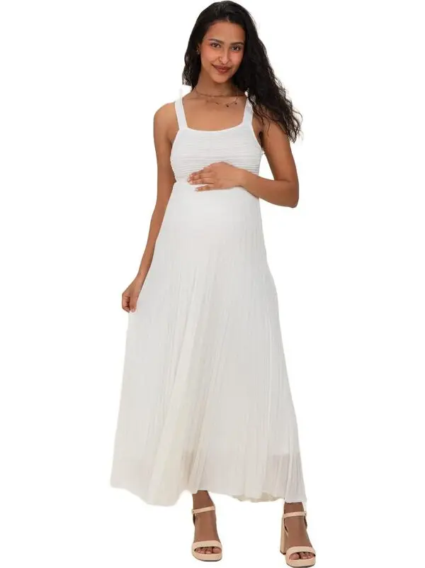 PINKBLUSH Textured Knit Shoulder Tie Maternity Midi Dress - White