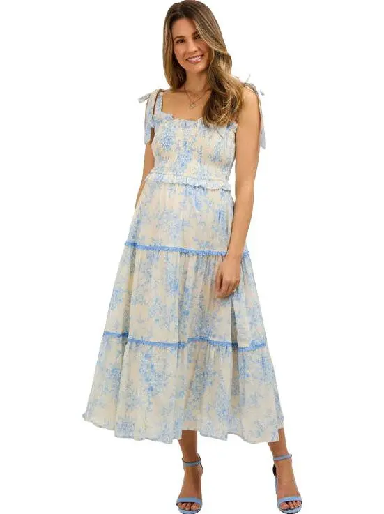 PINKBLUSH Floral Sleeveless Ruffle Tiered Midi Dress - Light Blue