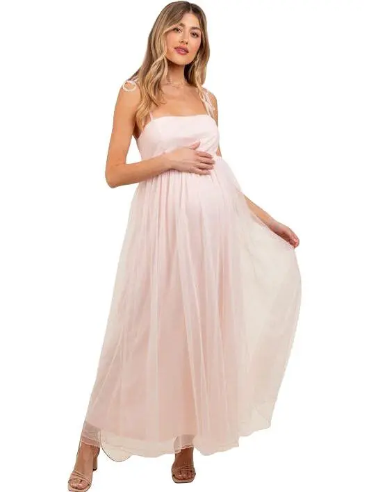 PINKBLUSH Square Neck Shoulder Tie Tulle Maxi Dress - Light Pink
