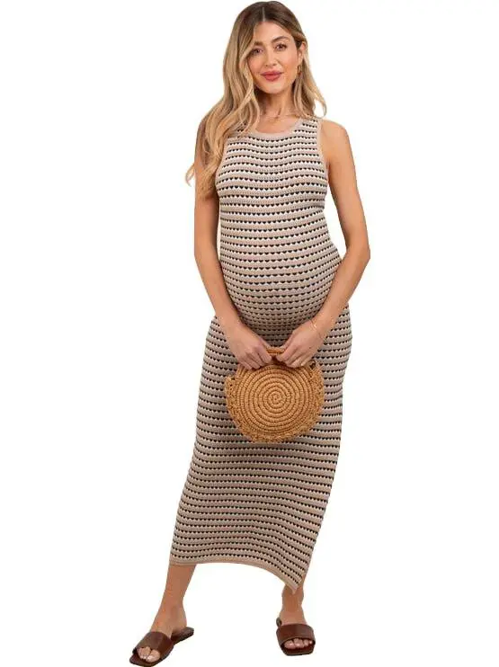 PINKBLUSH Striped Knit Fitted Sleeveless Maxi Dress - Beige