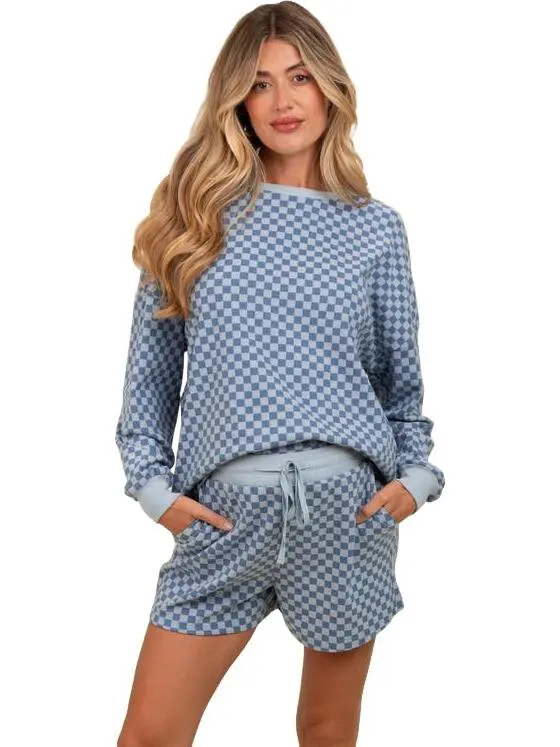 PINKBLUSH Checkered Plaid Pullover Shorts Set - Blue