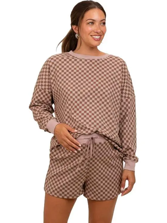 PINKBLUSH Checkered Plaid Pullover Shorts Set - Mocha
