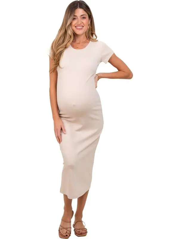 PINKBLUSH Basic Crewneck Maternity Midi Dress - Cream