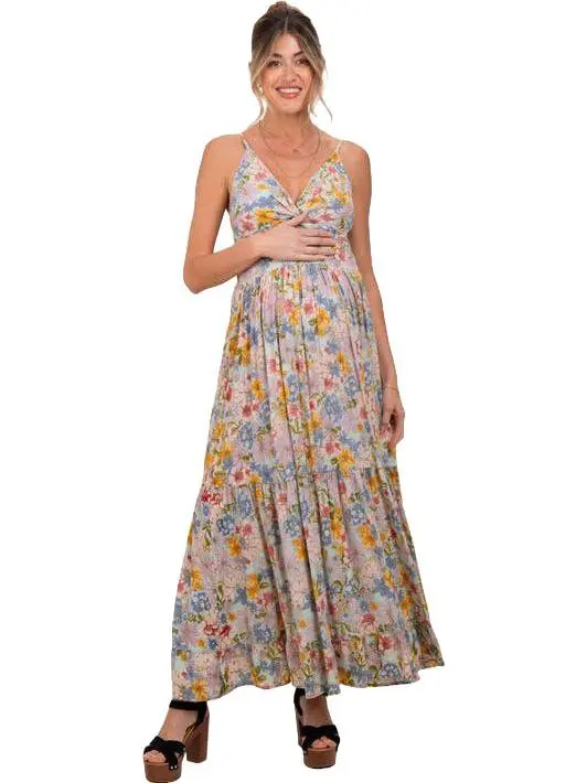 PINKBLUSH Floral Twist Front Cutout Maxi Dress - Mint Green