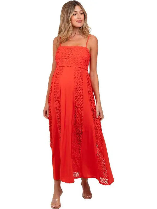 PINKBLUSH Crochet Lace Paneled Maternity Maxi Dress - Red