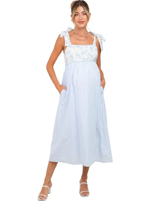 PINKBLUSH Floral Stripe Shoulder Tie Maternity Midi Dress - Light Blue