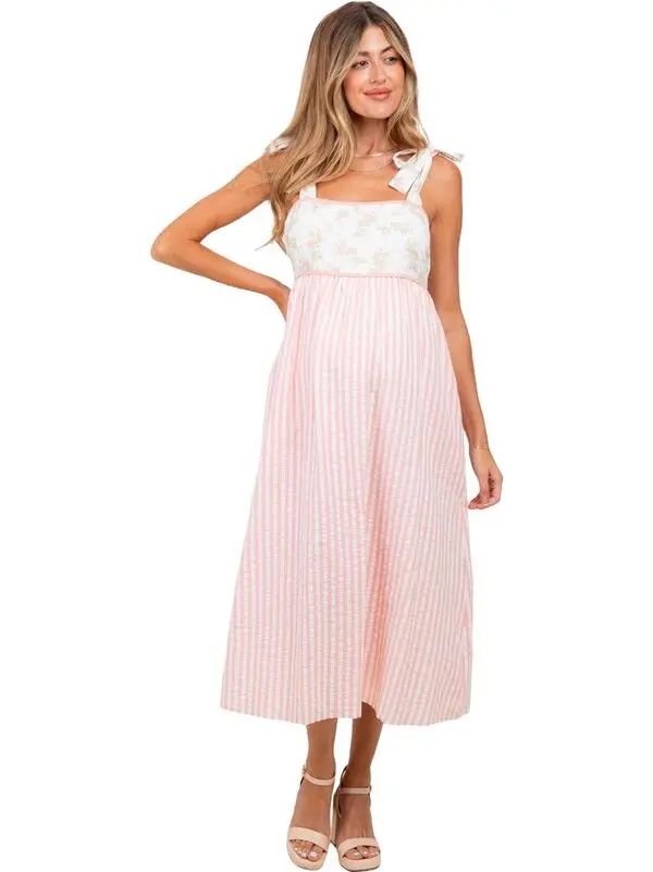 PINKBLUSH Floral Stripe Shoulder Tie Maternity Midi Dress - Peach