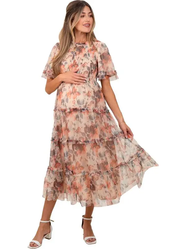 PINKBLUSH Floral Mesh Smocked Midi Dress - Peach