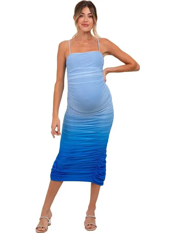 PINKBLUSH Mesh Ombre Ruched Midi Dress - Blue
