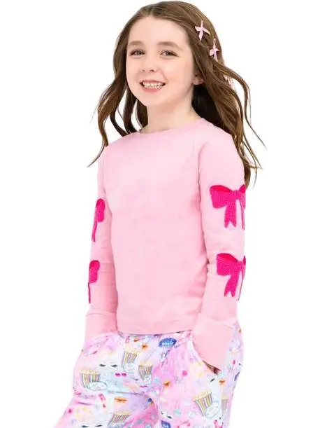 PREPPY GOOSE Long Sleeve Bow Appliqué T-shirt - Light Pink