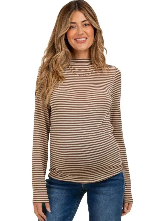 PINKBLUSH Striped High Neck Long Sleeve Top - Mocha