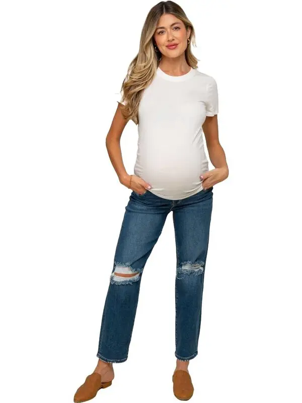 PINKBLUSH Distressed Cropped Straight Leg Maternity Jeans - Navy Blue