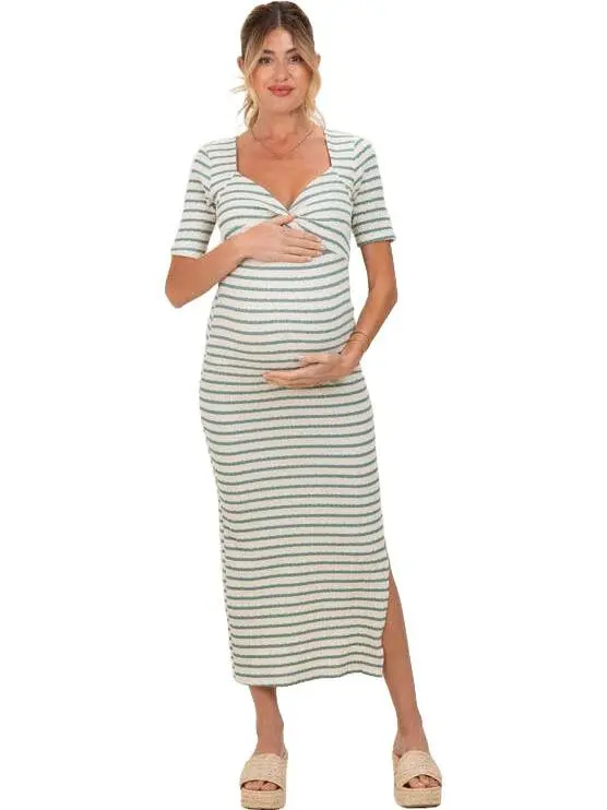 PINKBLUSH Striped Knit Short Sleeve Maxi Dress - Light Olive