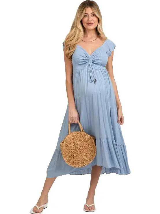 PINKBLUSH Smocked Ruched Ruffle Hem Maxi Dress - Light Blue