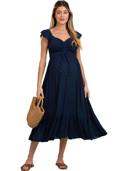 PINKBLUSH Smocked Ruched Ruffle Hem Maxi Dress - Navy Blue