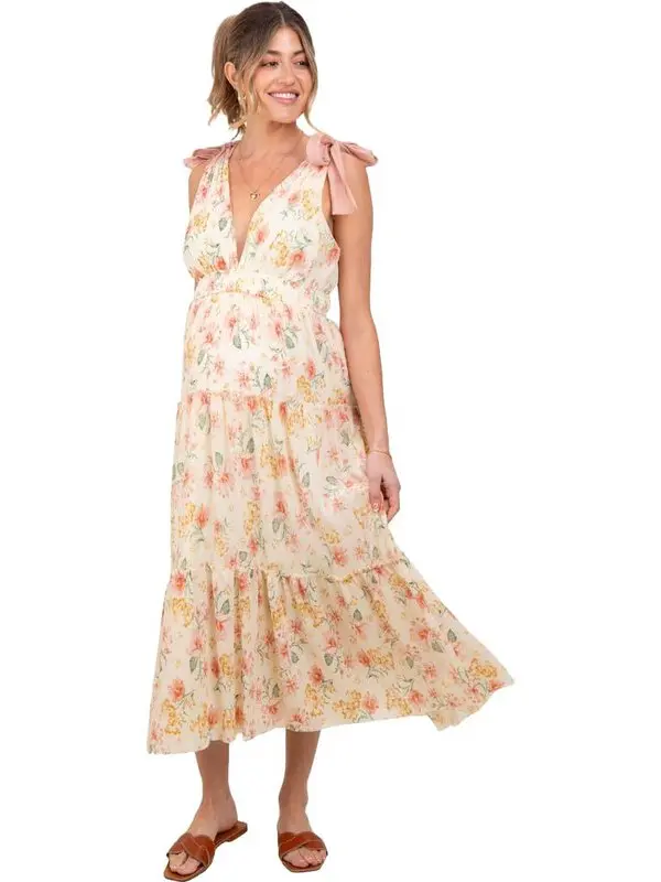 PINKBLUSH Floral Shoulder Tie V-neck Maxi Dress - Cream