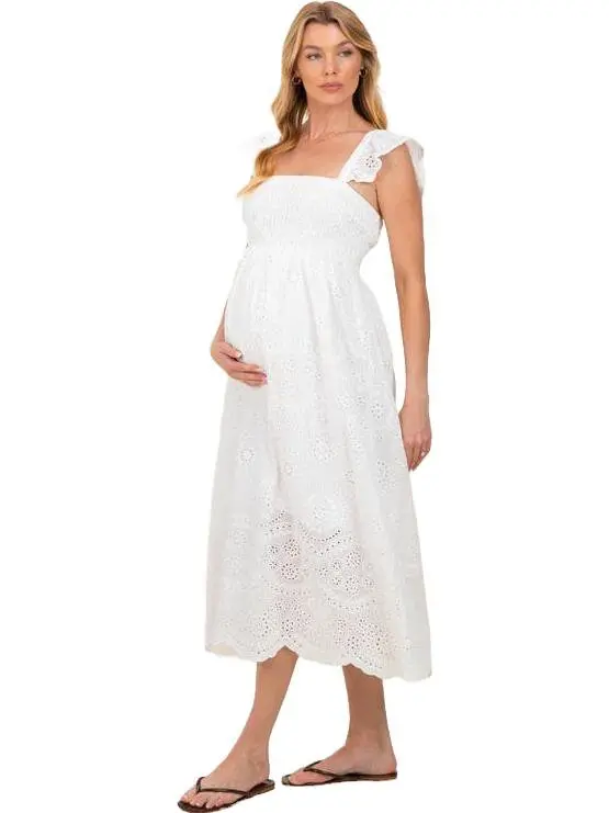 PINKBLUSH Embroidered Smocked Cutout Midi Dress - White