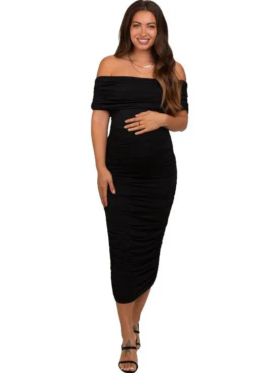 PINKBLUSH Off Shoulder Ruched Maternity Midi Dress - Black