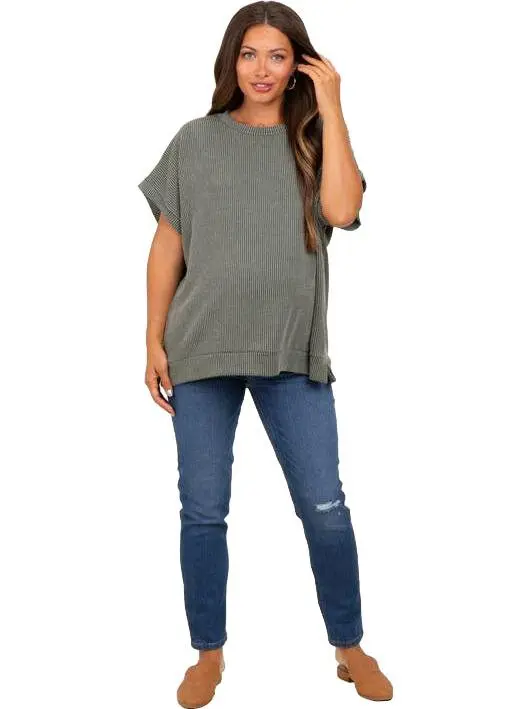 PINKBLUSH Solid Ribbed Oversized Tunic Top - Olive Green