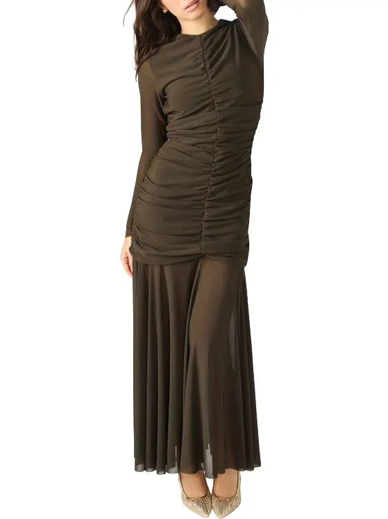 Steve Madden Kiara Ruched Long Sleeve Maxi Dress - Dark Espresso