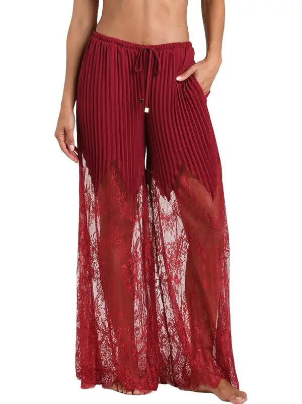 L'Agence Sharon Lace Trim Wide Leg Pants - Black Cherry