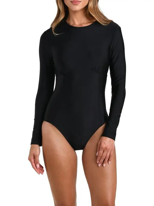 L'AGENCE Lambert Solids Long Sleeve One-piece Rashguard Swimsuit - Black