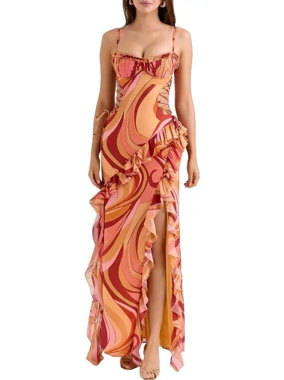 House Of Cb Lumira Print Ruffle Gown - Sunset Swirl Print