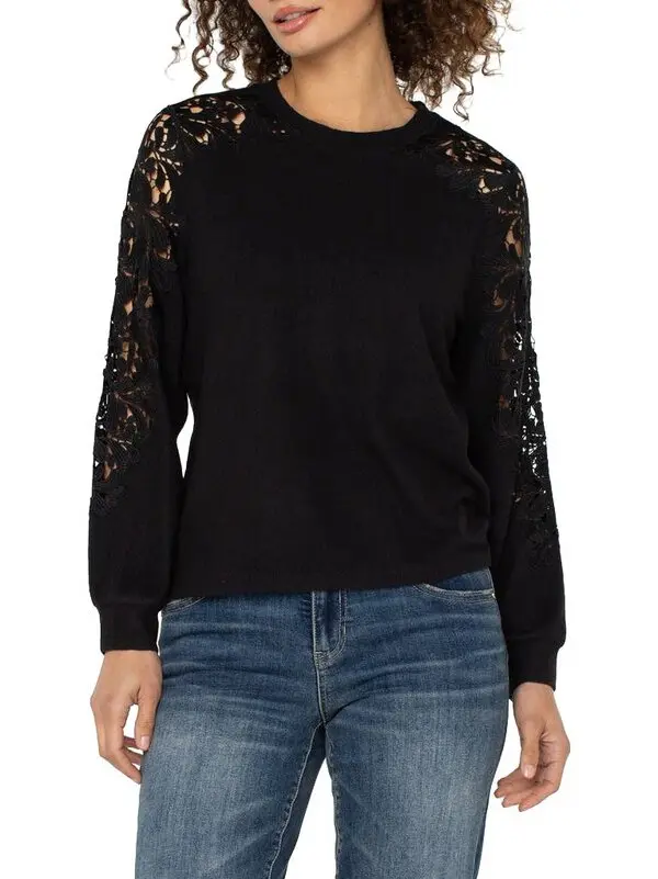 LIVERPOOL Lace Inset Crewneck Knit Top - Black