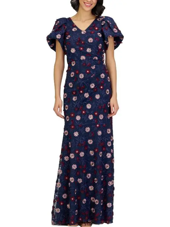 Js Collections Floral Appliqué Gown - Navy Multi