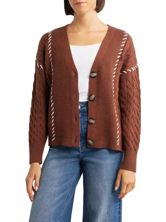 CITY BLUES Whipstitch Cable Knit Cardigan - Brown