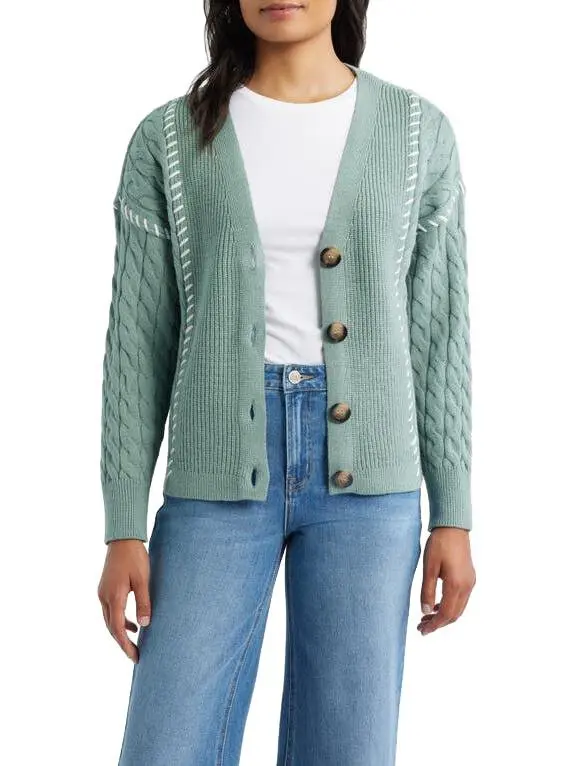 CITY BLUES Whipstitch Cable Knit Cardigan - Seafoam